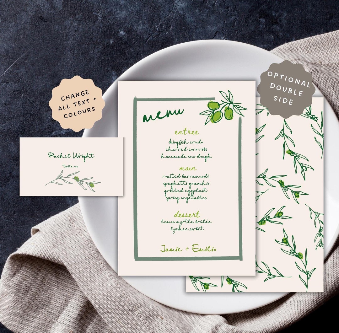 Menu + Place Card Template, Double Sided, Hand Drawn Olive Branches ...