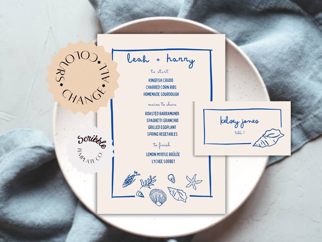 Menu Place Card Template Hand Drawn Ocean Sea Beach Seaside Island ...