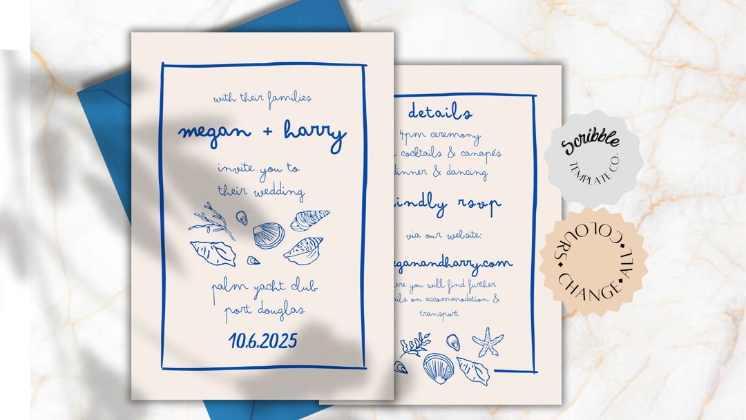 WEDDING INVITATION SET Wedding Hand Drawn Invite Template Sea Seaside Ocean Beach Destination ...