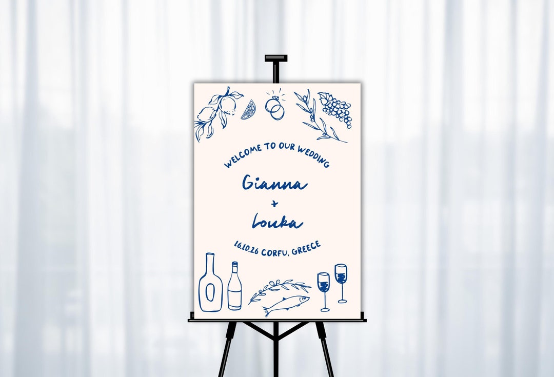 WEDDING WELCOME SIGN Template | Hand Drawn Modern Mediterranean Greek ...