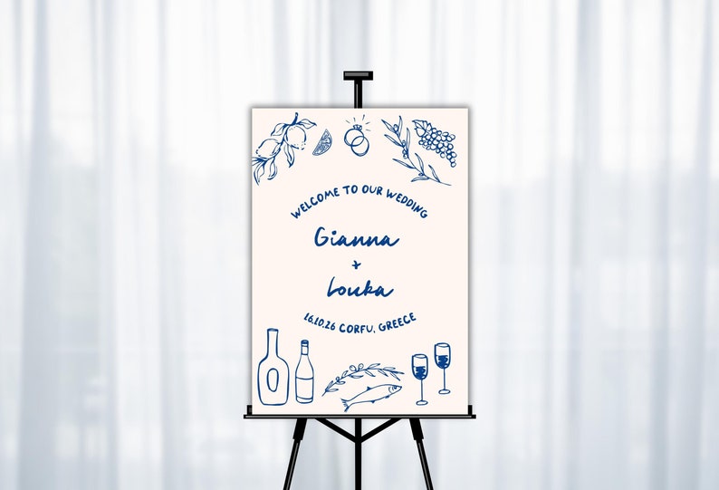 WEDDING WELCOME SIGN Template | Hand Drawn Modern Mediterranean Greek ...