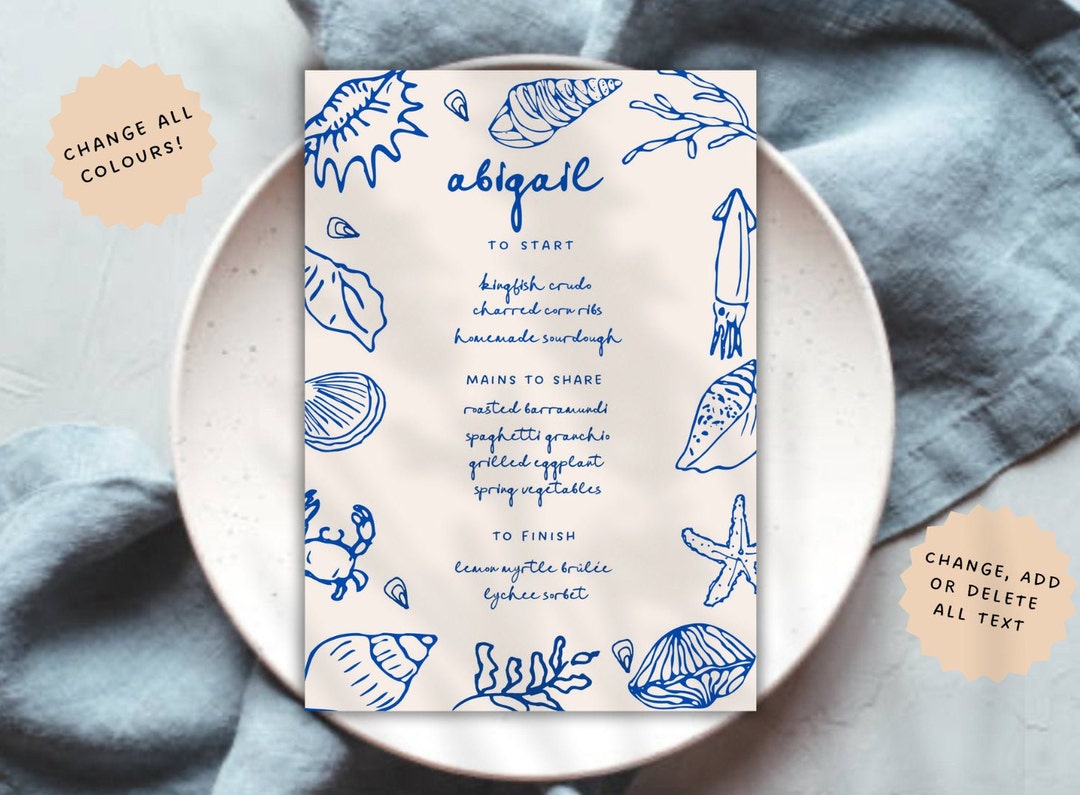 Personalised Menu Template | Hand Drawn | Ocean Sea Beach Seaside ...