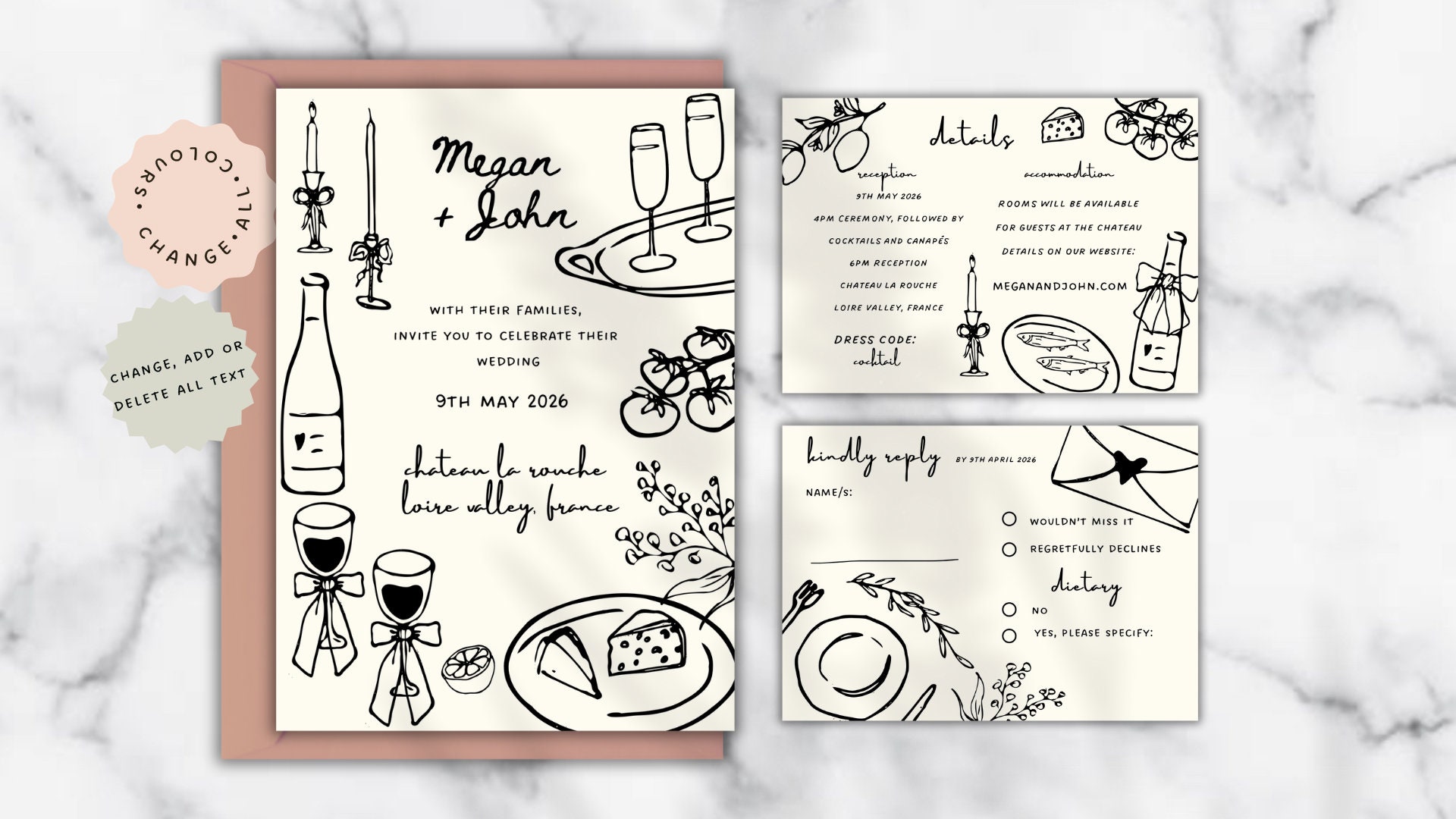 WEDDING INVITATION SET Wedding Hand Drawn Invite Template French ...