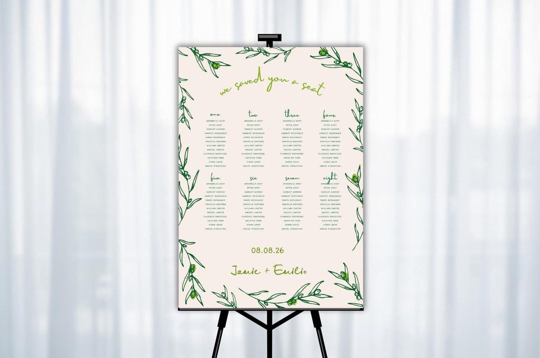 WEDDING SEATING CHART Template Sign | Hand Drawn Olive Branches ...