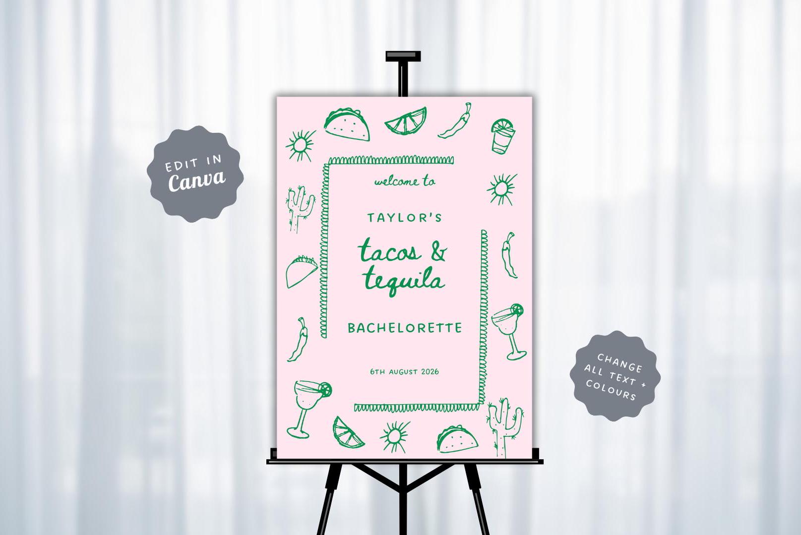 Tacos and Tequila Bachelorette or Hens Party Welcome Sign Template ...