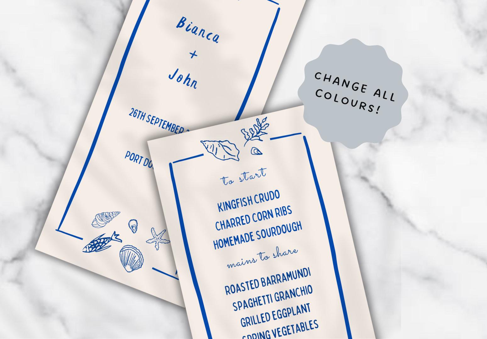 Menu + Place Card Template Double Sided Destination Wedding Coastal ...