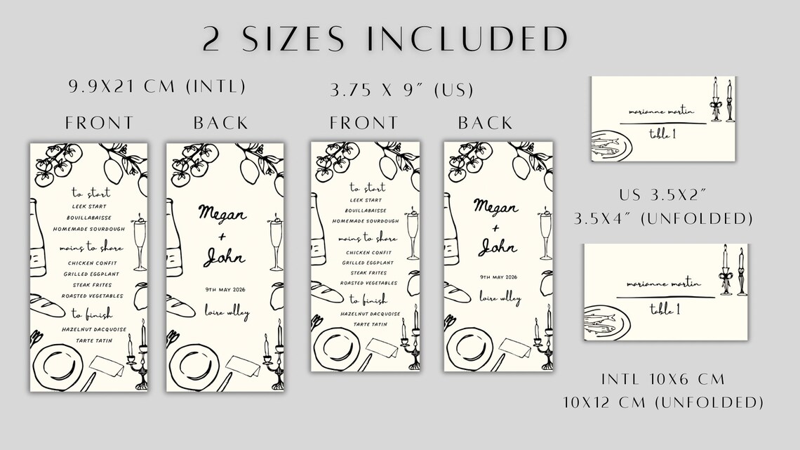 Menu + Place Card Template | Double Sided | French Inspired Hand Drawn ...