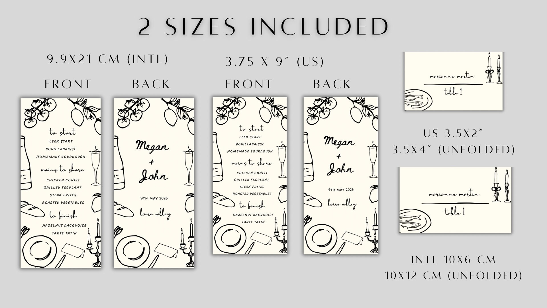 Menu + Place Card Template | Double Sided | French Inspired Hand Drawn ...