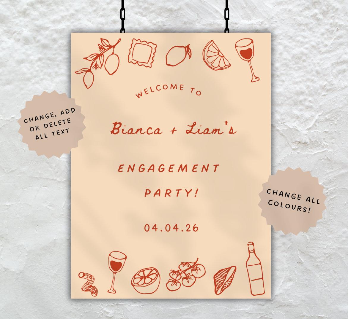 ENGAGEMENT PARTY WELCOME Sign Template | Hand Drawn Italian Tuscan ...