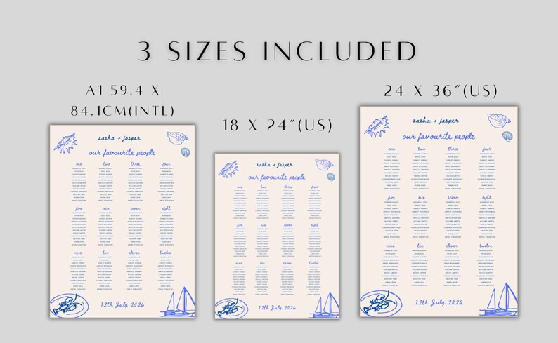WEDDING SEATING CHART Template Sign Hand Drawn Beach Ocean Sea Seaside ...