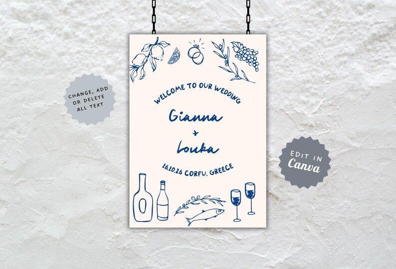 WEDDING WELCOME SIGN Template | Hand Drawn Modern Mediterranean Greek ...