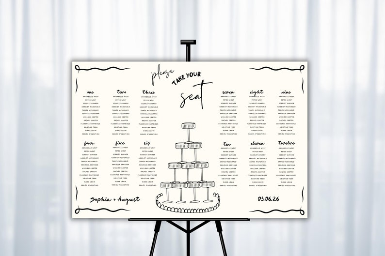 WEDDING SEATING CHART Template Sign | Hand Drawn Champagne Tower ...