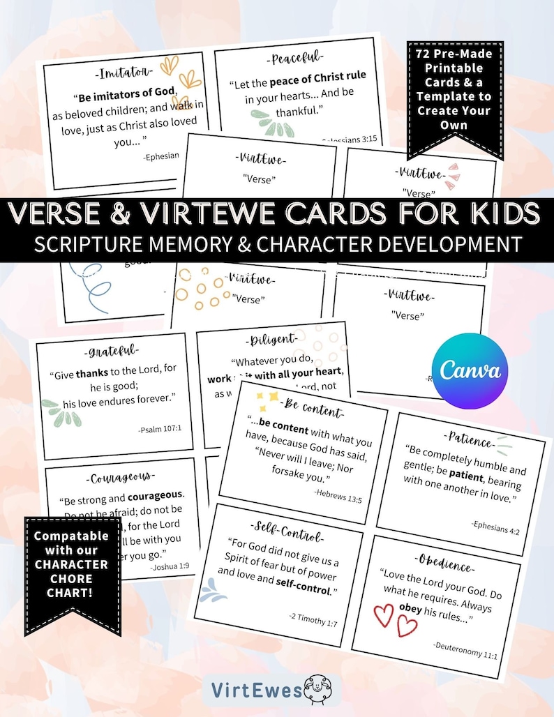 Scripture Memory Cards for Kids / Character Development / Verse & Virtue/ Printable Bible Memory ...