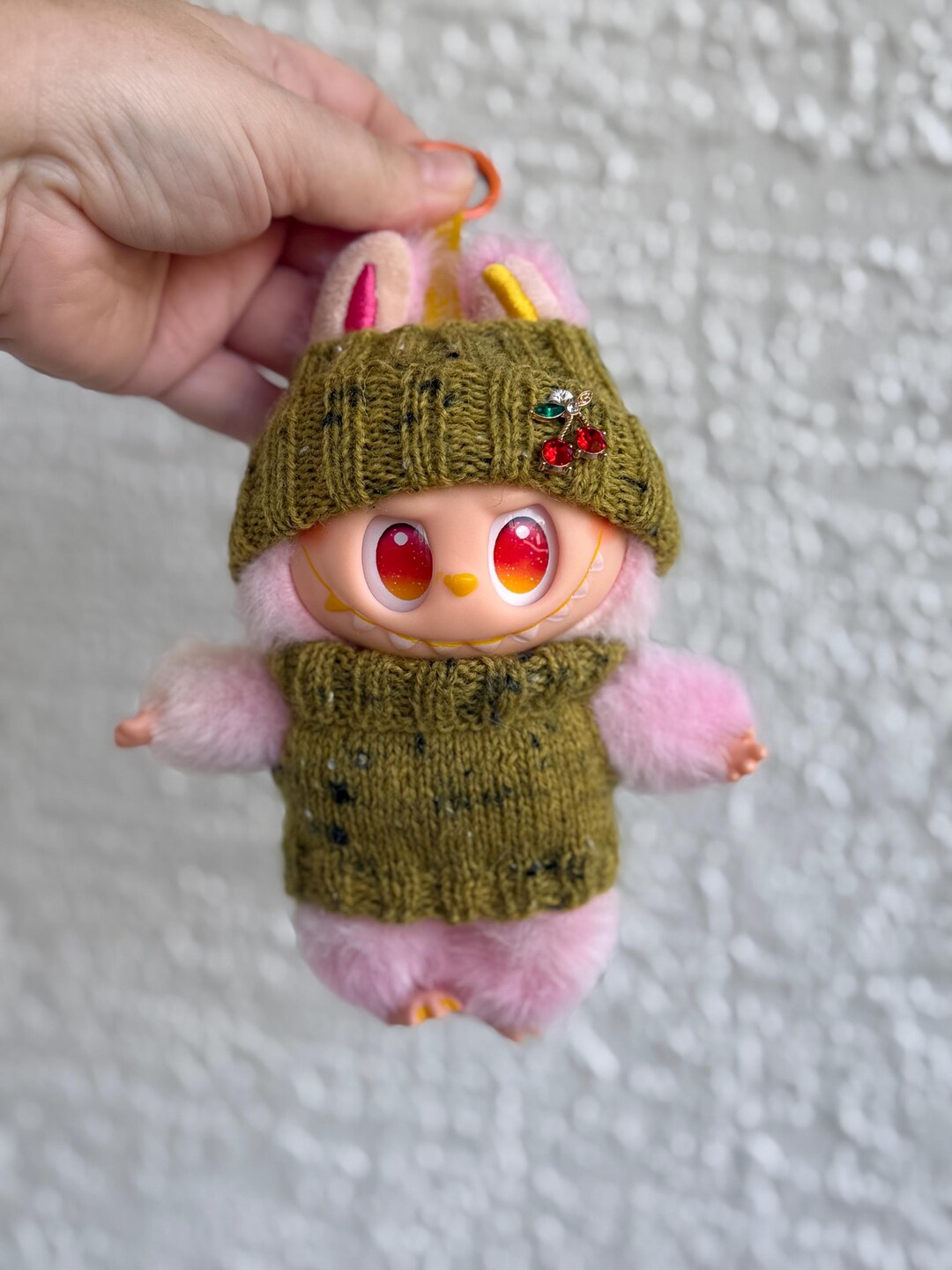 Handmade Knit Labubu Doll Outfit: Olive Tweed Beanie & Vest With Cherry ...