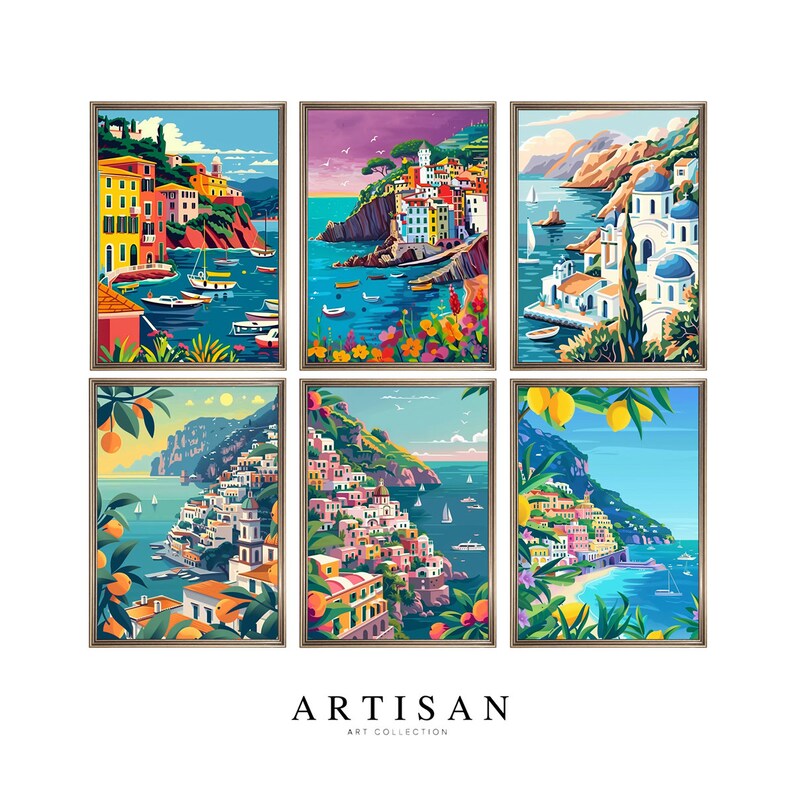 Mediterranean Coastal Landscapes Set of 6, Abstract Illustration Poster ...