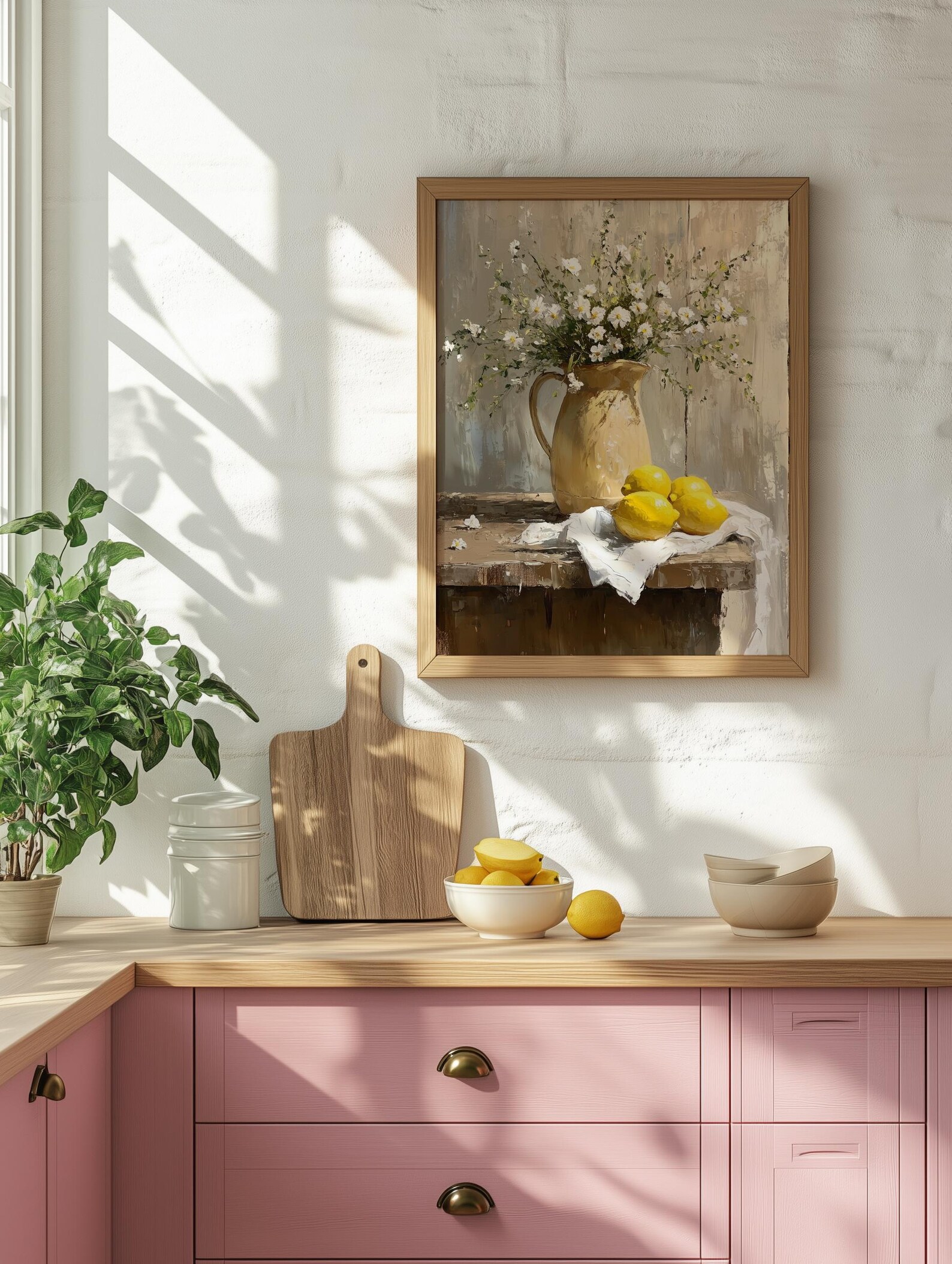 Rustic Kitchen Oil Painting, Lemon Wall Art, Floral Vase Print ...