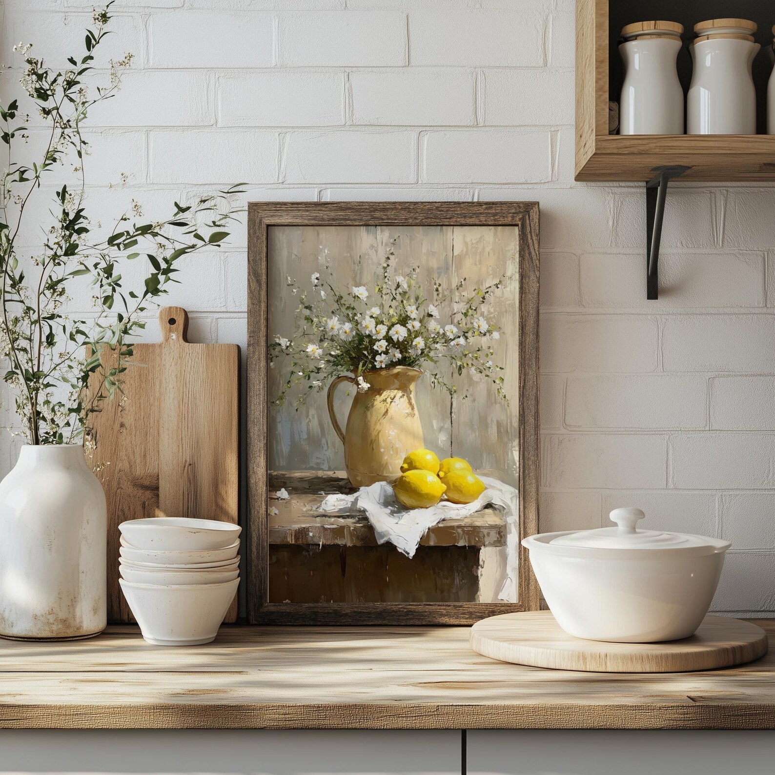 Rustic Kitchen Oil Painting, Lemon Wall Art, Floral Vase Print ...
