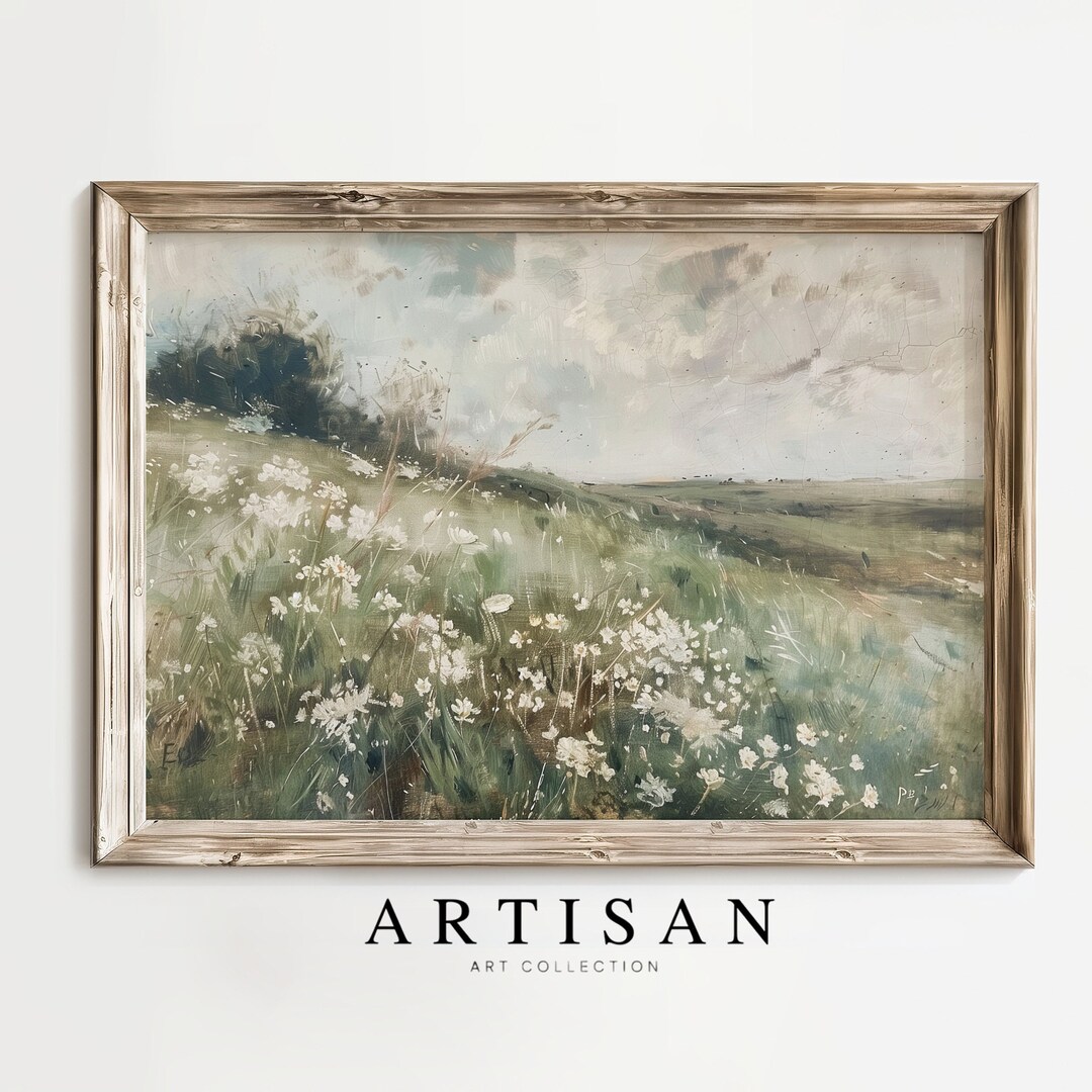 Muted Spring Landscape Print, Rustic Flowers Art, Meadow Print, Vintage ...