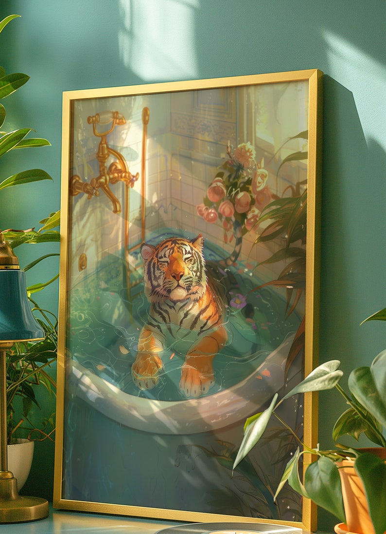 Tiger in the Bathtub Print, Maximalist Wall Art, Bathroom Art, Tiger ...