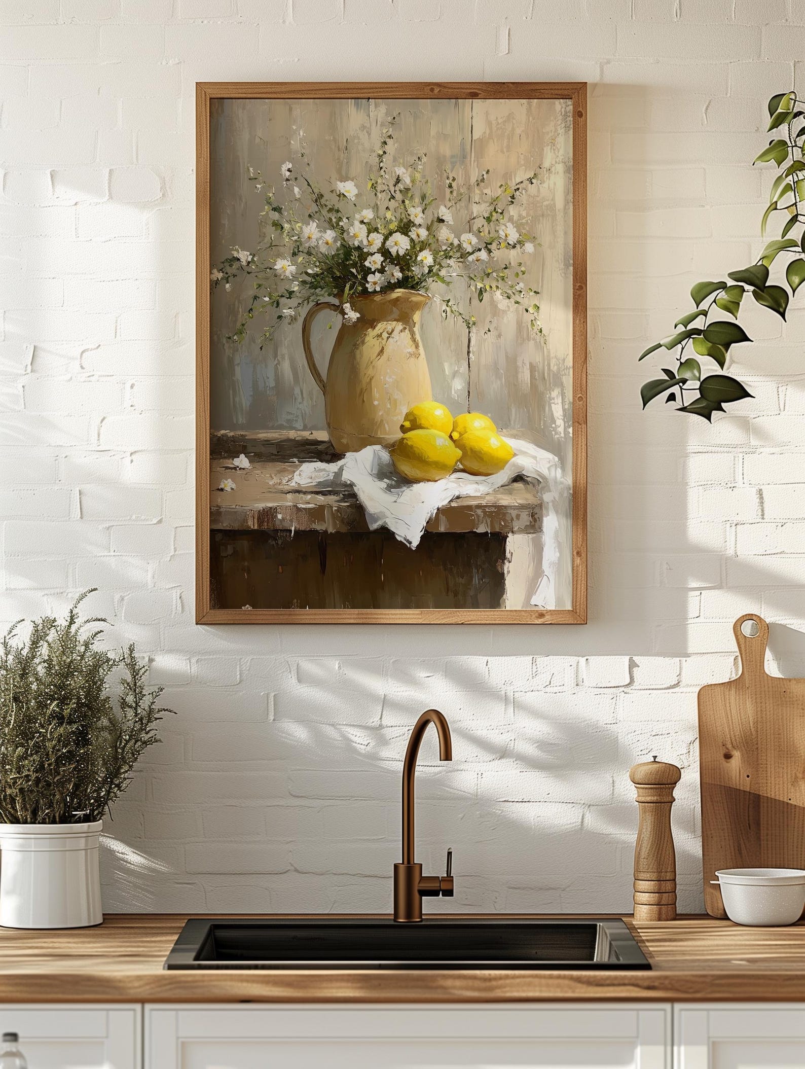 Rustic Kitchen Oil Painting, Lemon Wall Art, Floral Vase Print ...