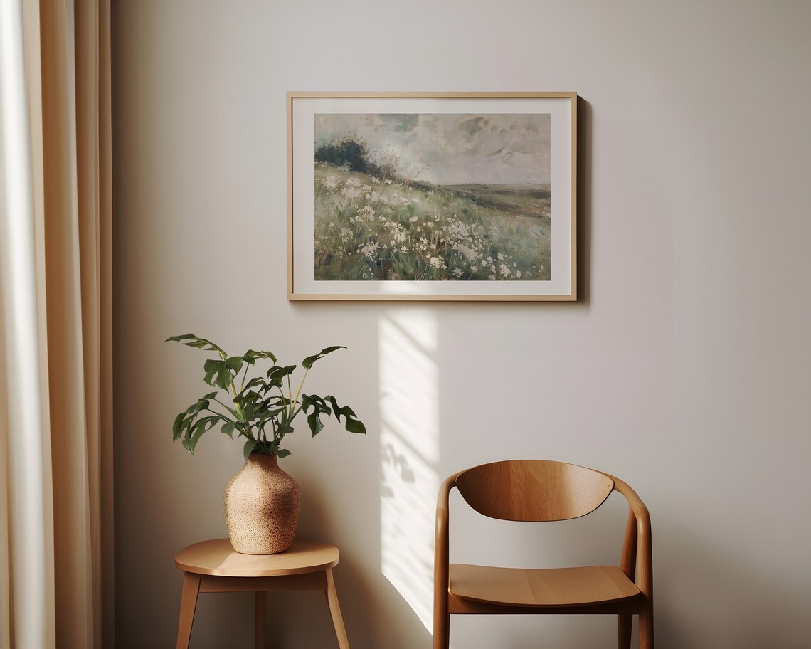 Muted Spring Landscape Print, Rustic Flowers Art, Meadow Print, Vintage ...