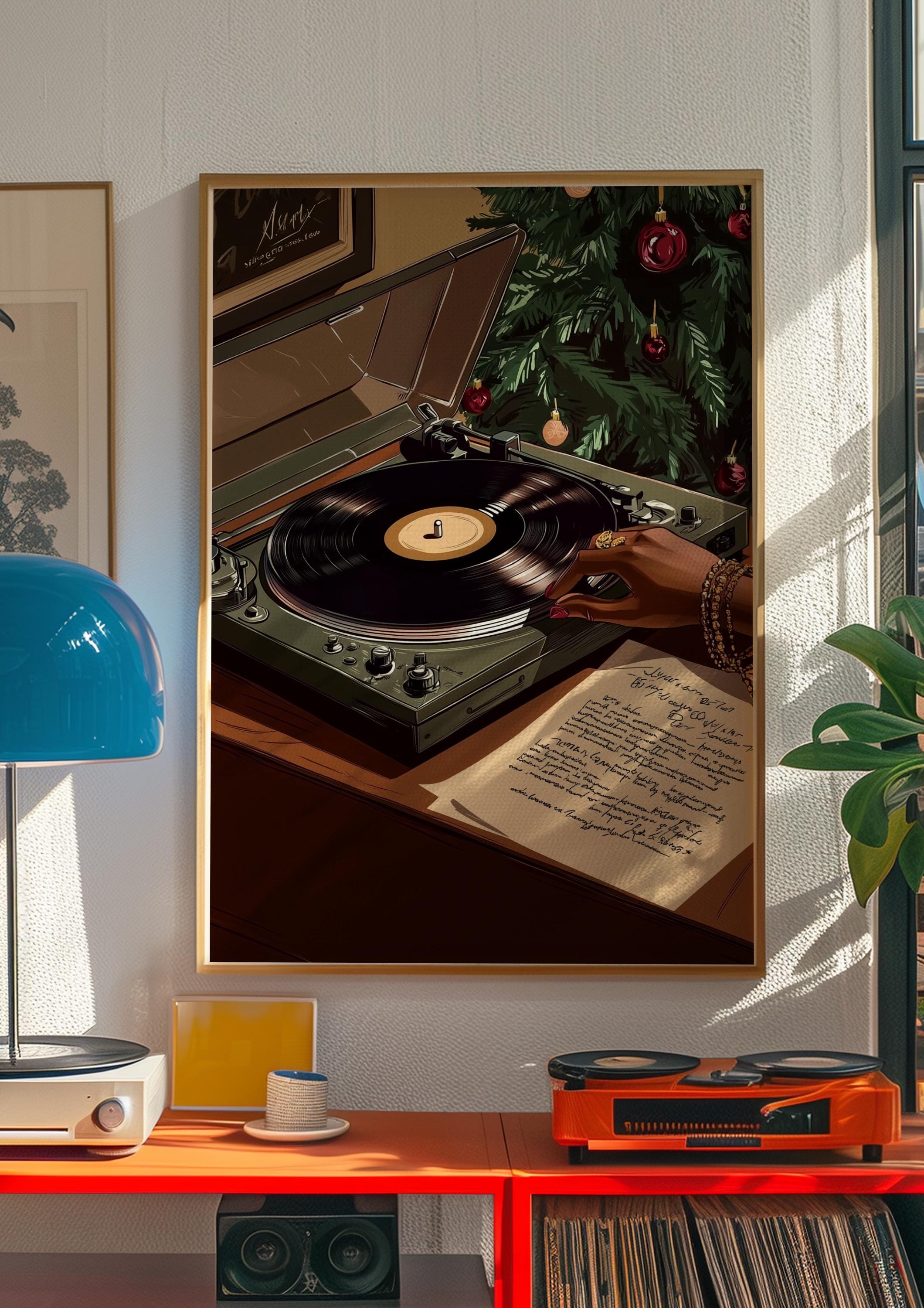 Vintage Record Player Art, Black Art, Christmas Print, Black Woman Art ...