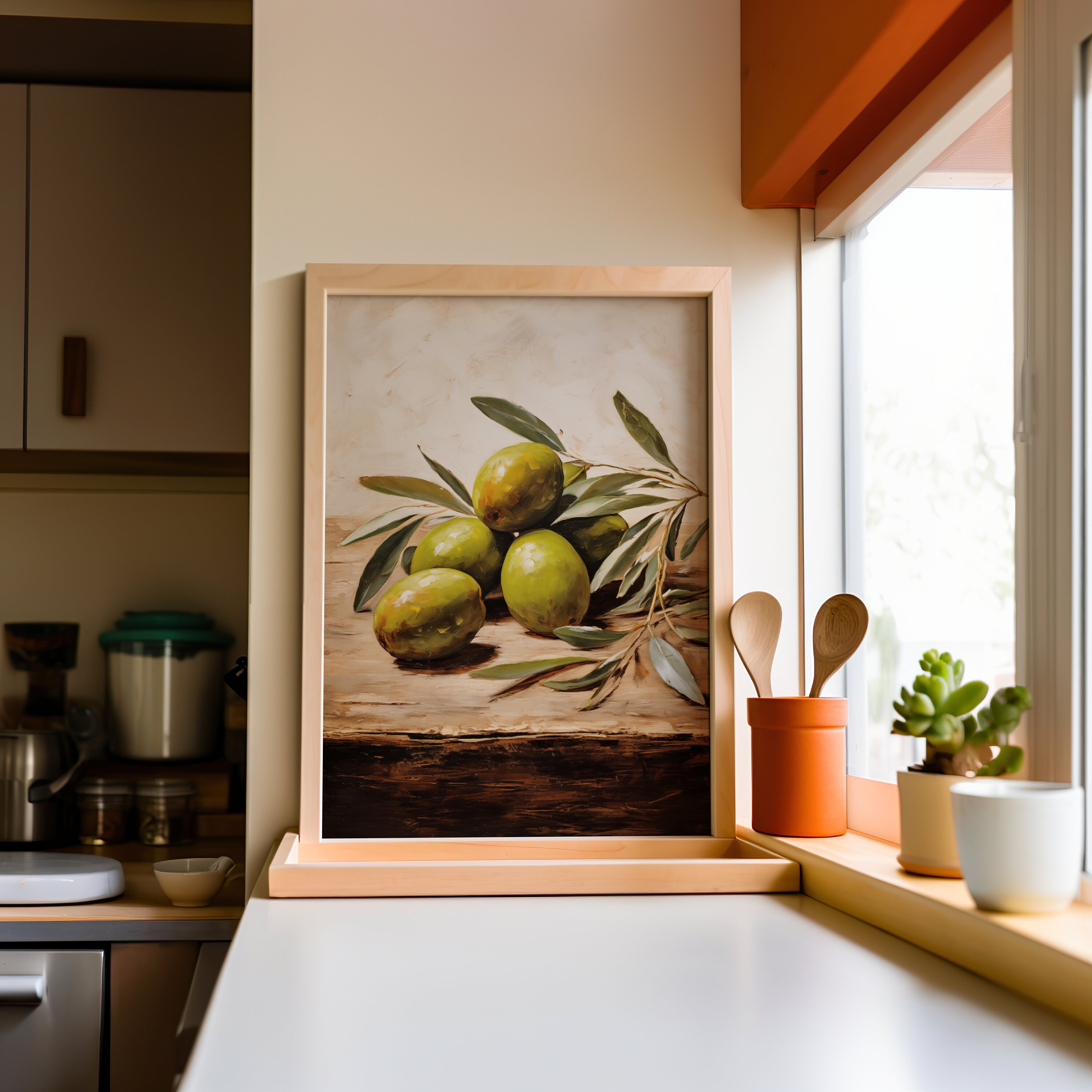 Rustic Olive Branch Oil Painting, Still Life Print, Vintage Kitchen Art ...