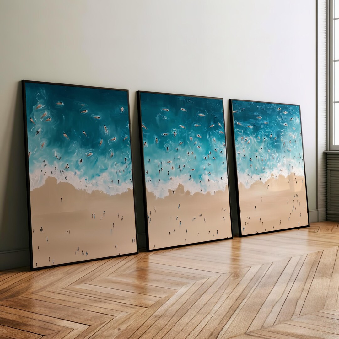 Aerial Beach Scene Print Set of 3, Coastal Wall Art, Abstract People ...
