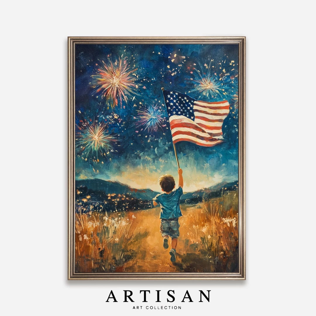 Vintage 4th of July Wall Art, American Flag Print, Fireworks Painting ...