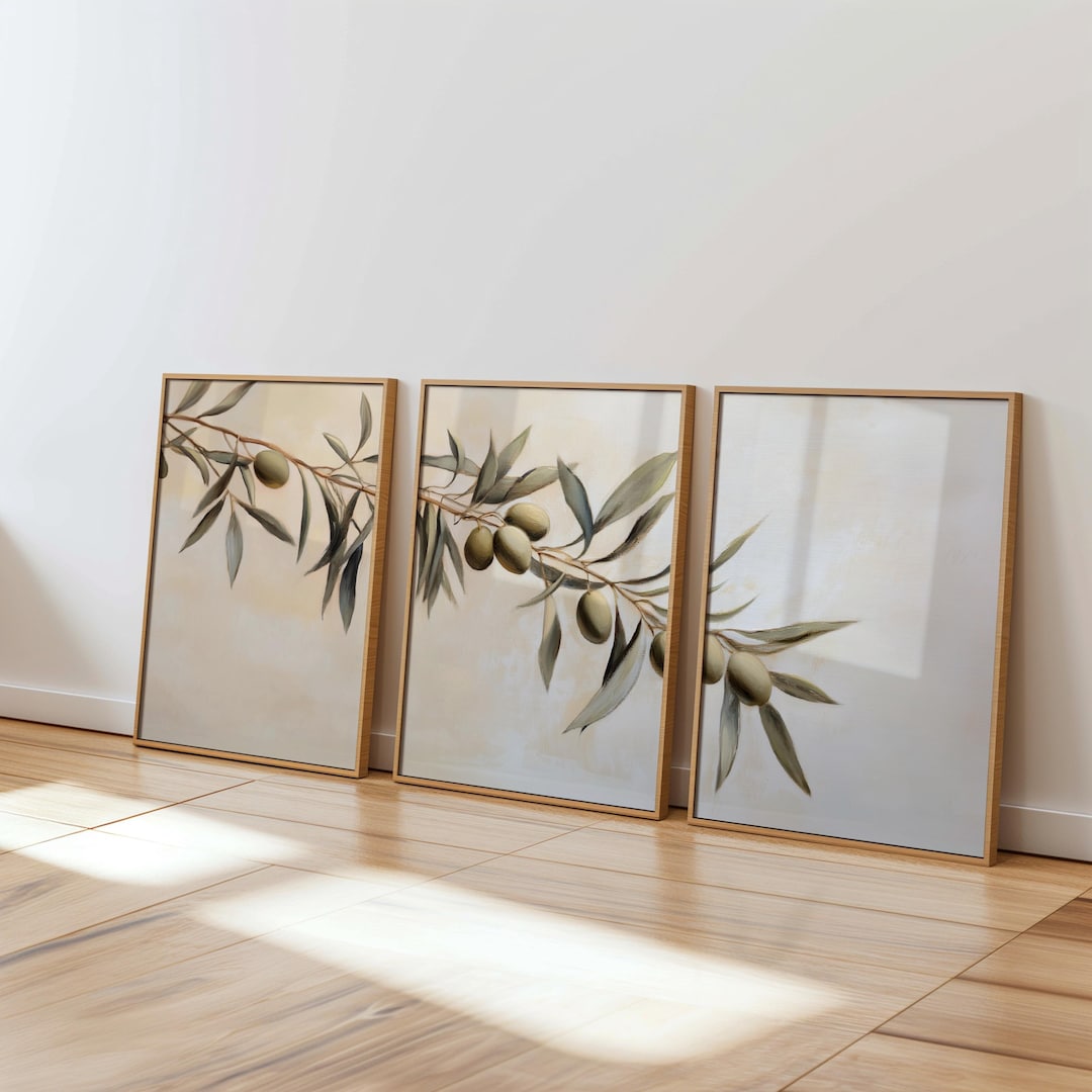 Rustic Olive Branch Wall Art Set of 3, Olive Branch Painting, Botanical Gallery Art ...