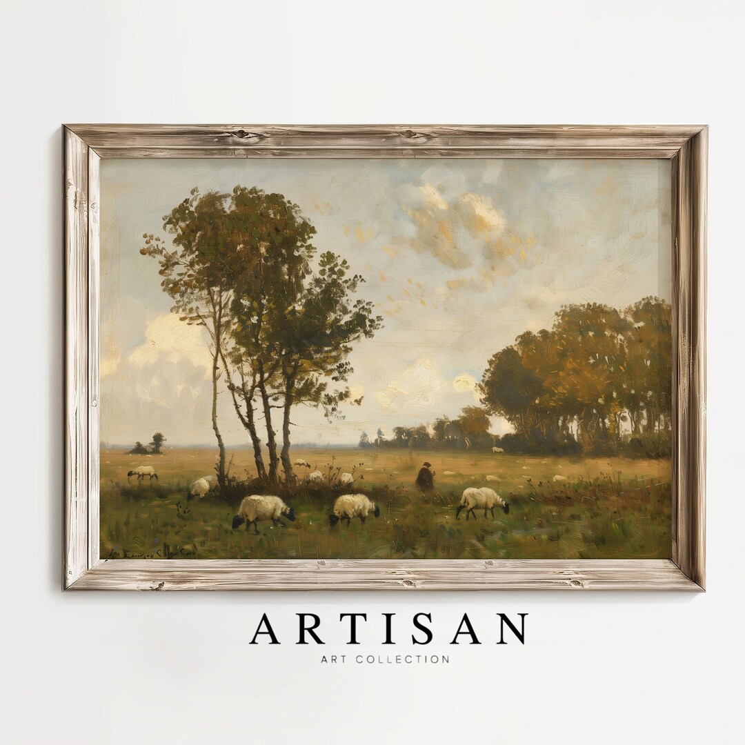 Farmer With His Flock of Sheep Painting, Countryside Print, Vintage Oil ...