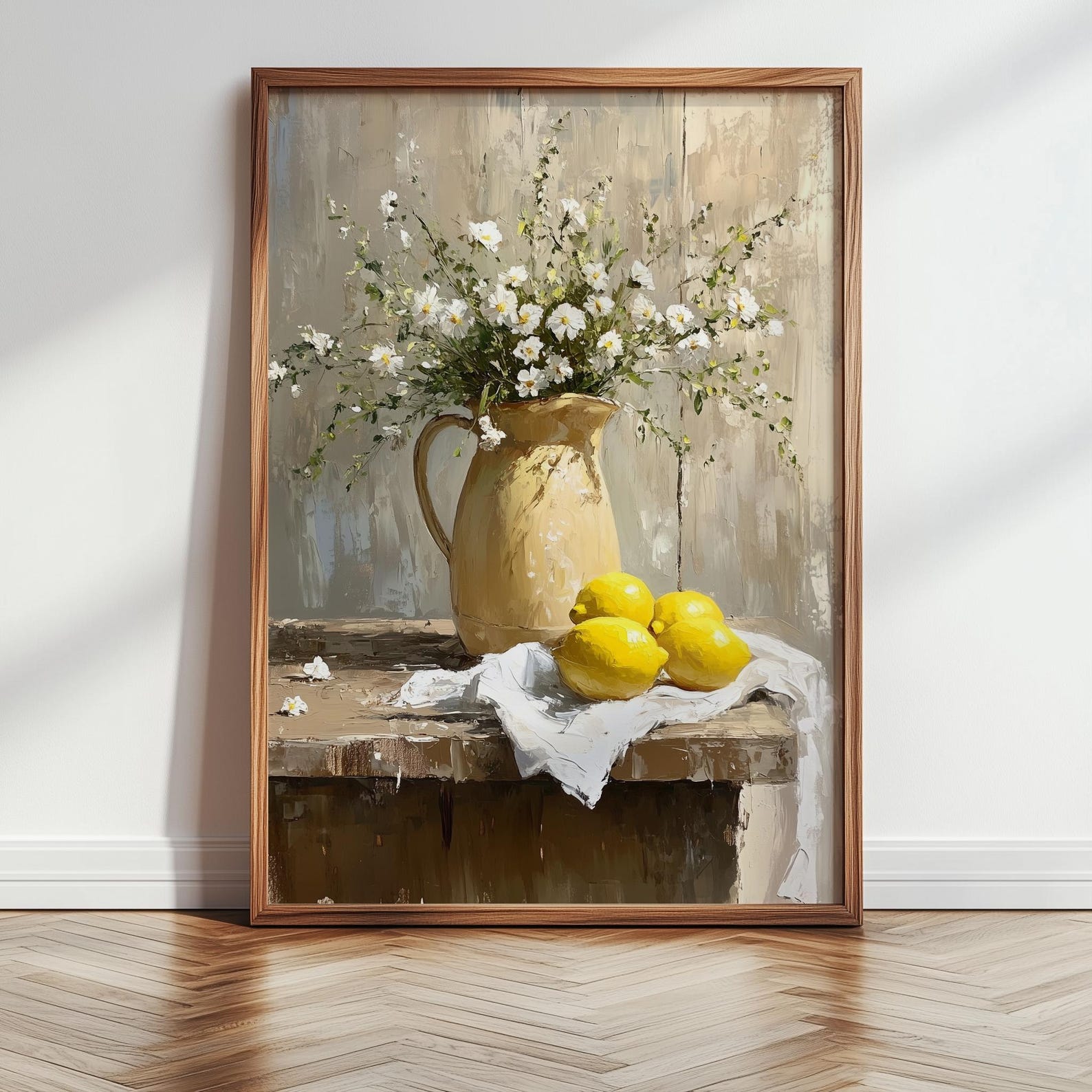 Rustic Kitchen Oil Painting, Lemon Wall Art, Floral Vase Print ...