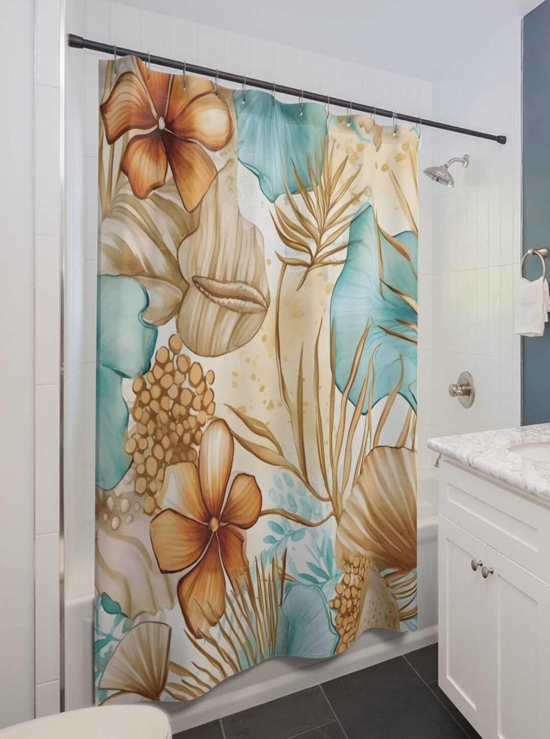 Floral Beach Shower Curtain Summer Beach Bath Decor Bridal Shower Gift ...