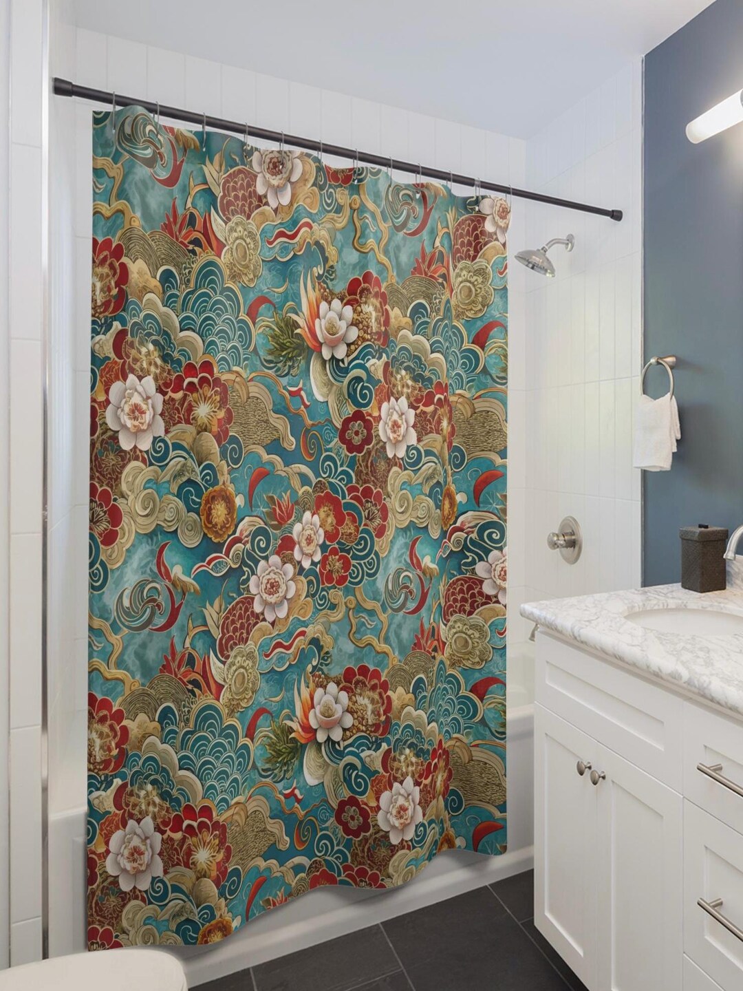 Filipino Batik Floral Pattern Shower Curtain, Ethnic Bathroom Decor ...