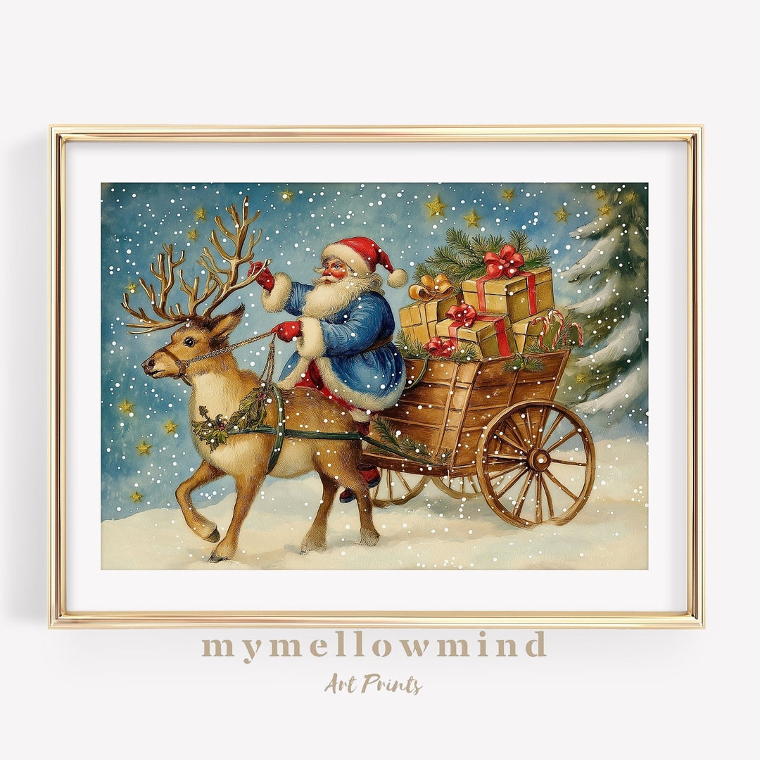 Vintage Santa Claus Sleigh Ride Art Print Watercolor Christmas ...