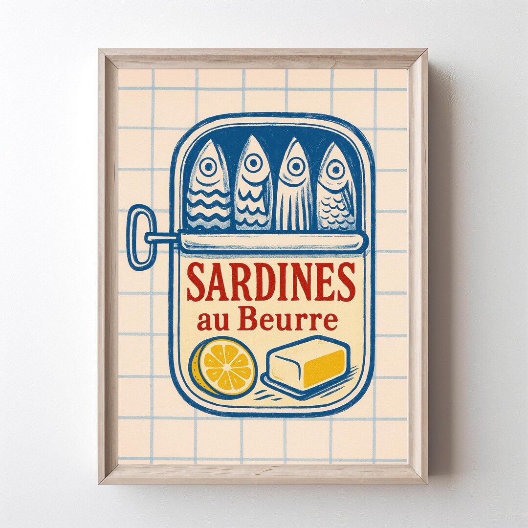 Sardines Wall Art Print Sardine Poster Retro Kitchen Decor Sardines in Butter Printable Tinned ...