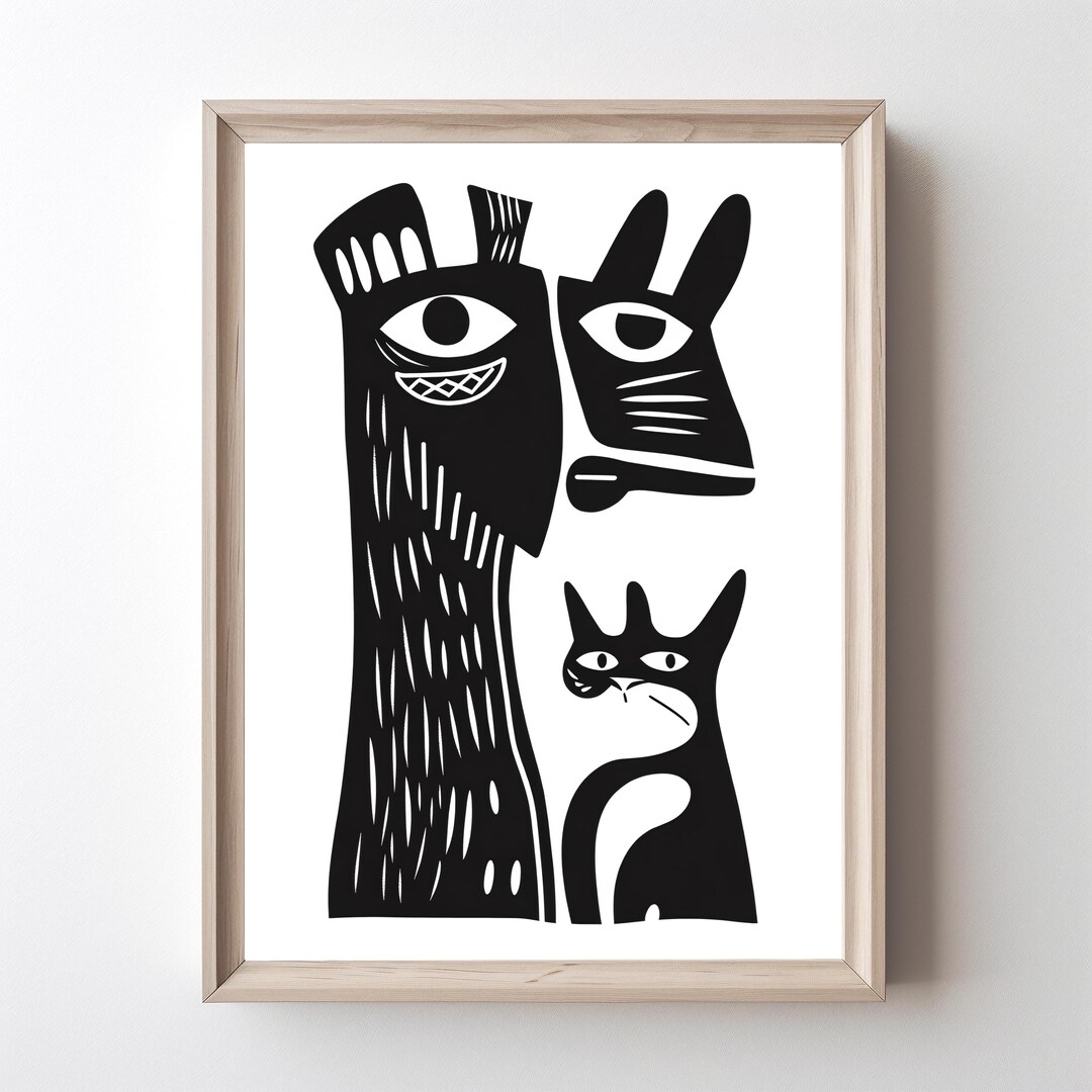 Line Art Pet Illustration Print Black and White Line Drawing Dog and ...