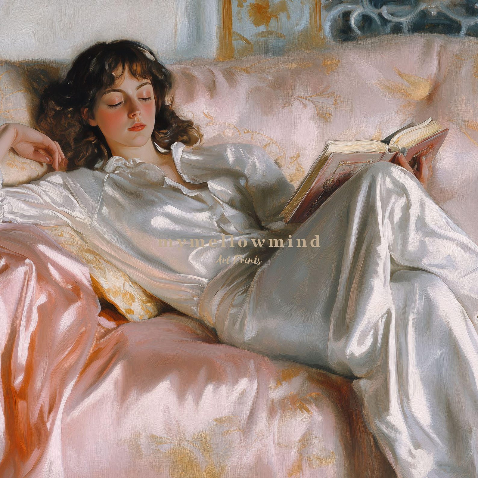 Elegant Woman Reading in Silk Art Print Classic Feminine Printable Wall ...