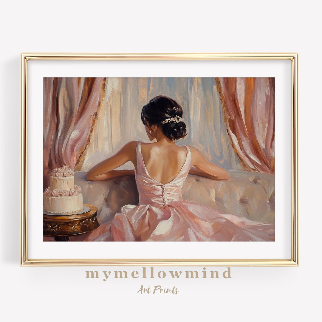 Romantic Bride in Pink Gown With Wedding Cake Art Print Bridal Oil ...