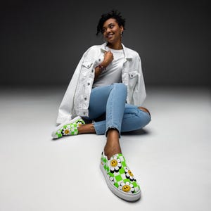 NEON GREEN RETRO Checker Womens Slip-on Canvas Shoes Custom Print Retro ...