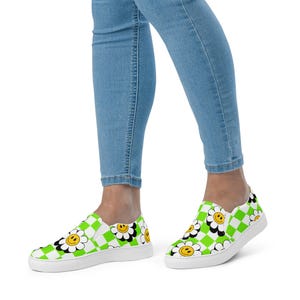 NEON GREEN RETRO Checker Womens Slip-on Canvas Shoes Custom Print Retro ...