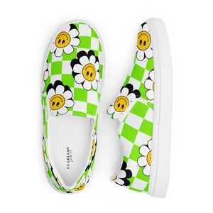 NEON GREEN RETRO Checker Womens Slip-on Canvas Shoes Custom Print Retro ...