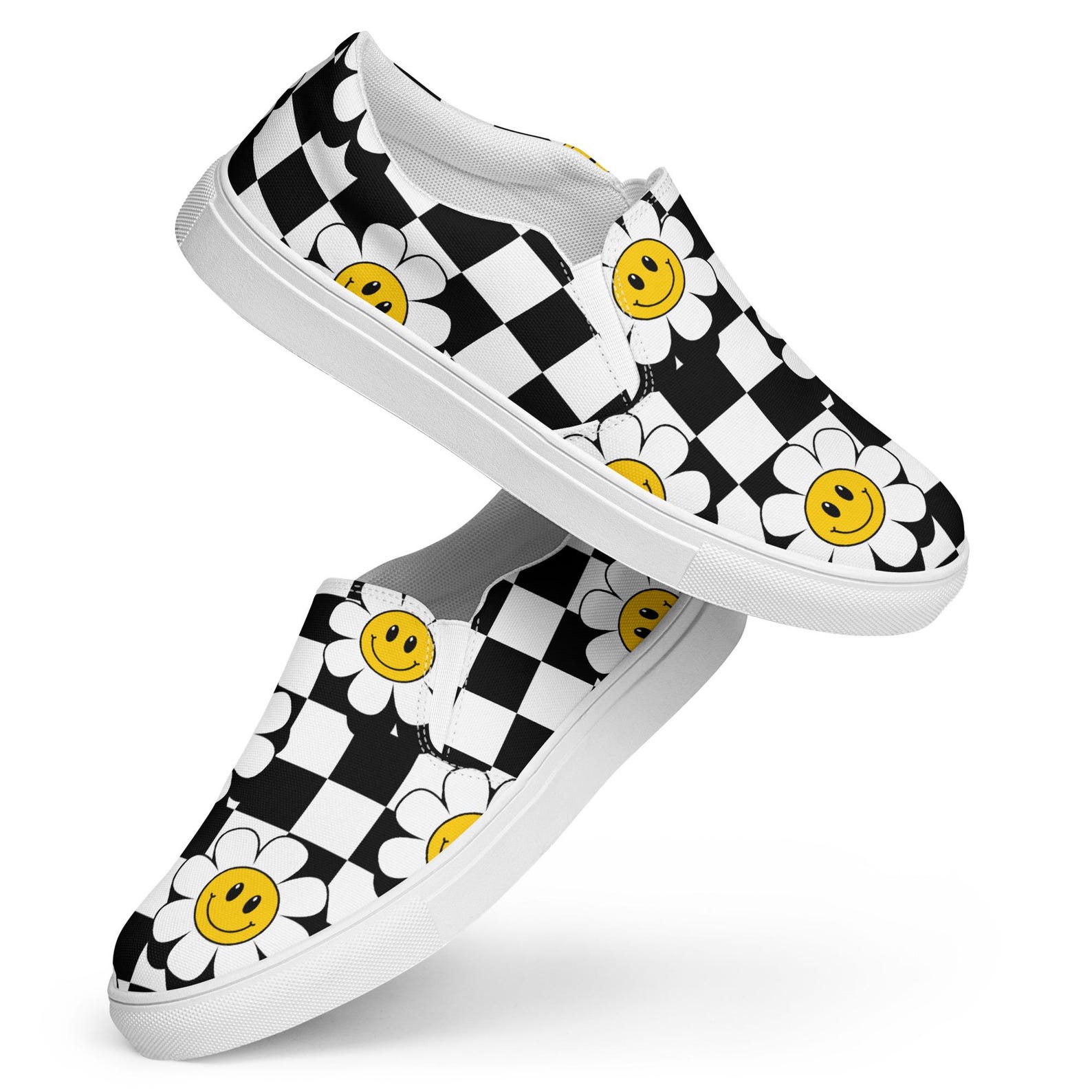DAISY RETRO CHECKER Womens Slip-on Canvas Shoes, Smiley Face Daisy ...