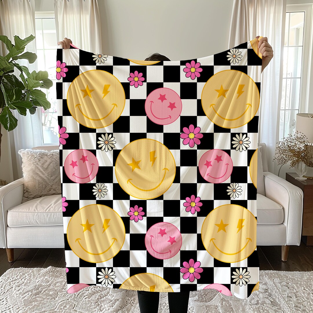 RETRO SMILEY FACE Checker Throw Blanket, Retro Checker Throw Blanket ...