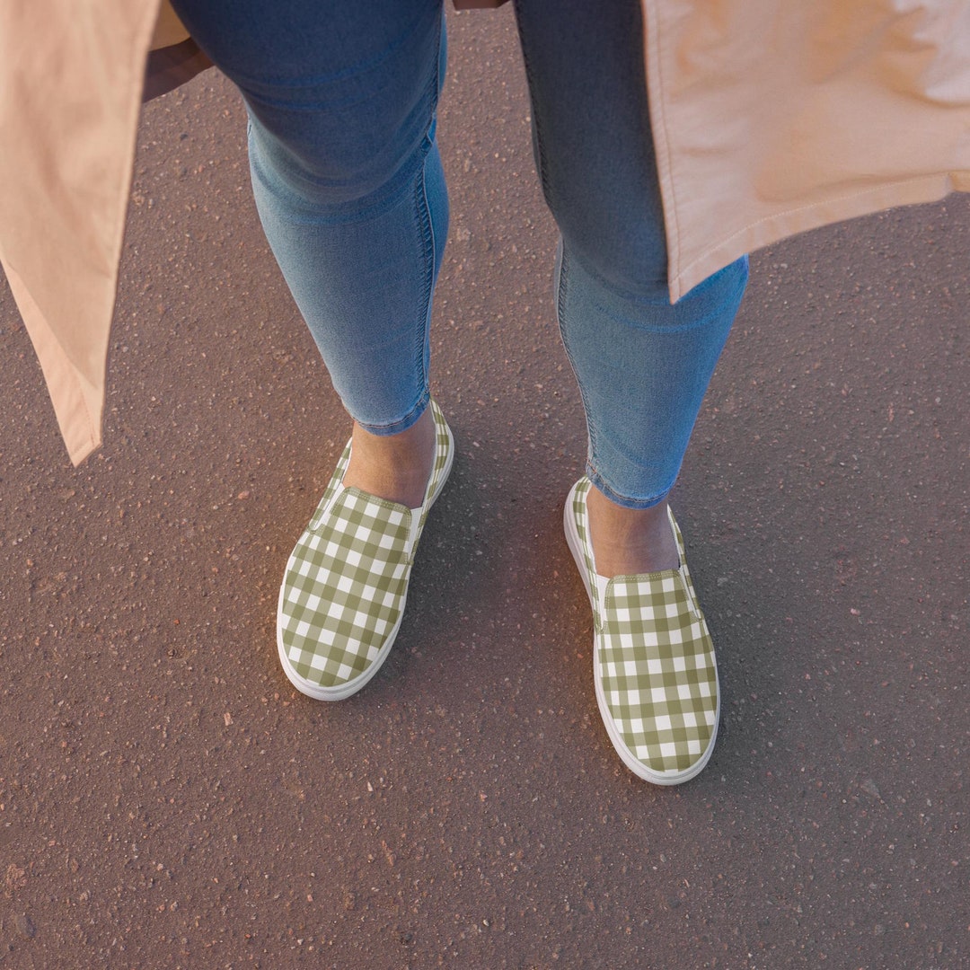 GINGHAM CHECKER VANS Style Slip Ons, Checker Pattern Vans, Olive Green ...