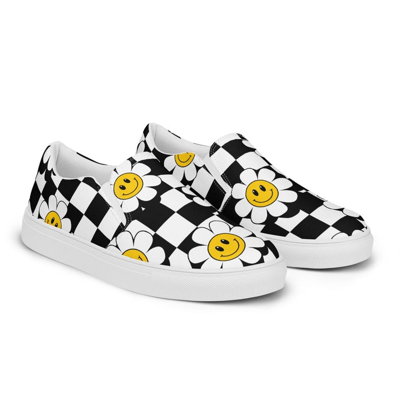 DAISY RETRO CHECKER Womens Slip-on Canvas Shoes, Smiley Face Daisy ...