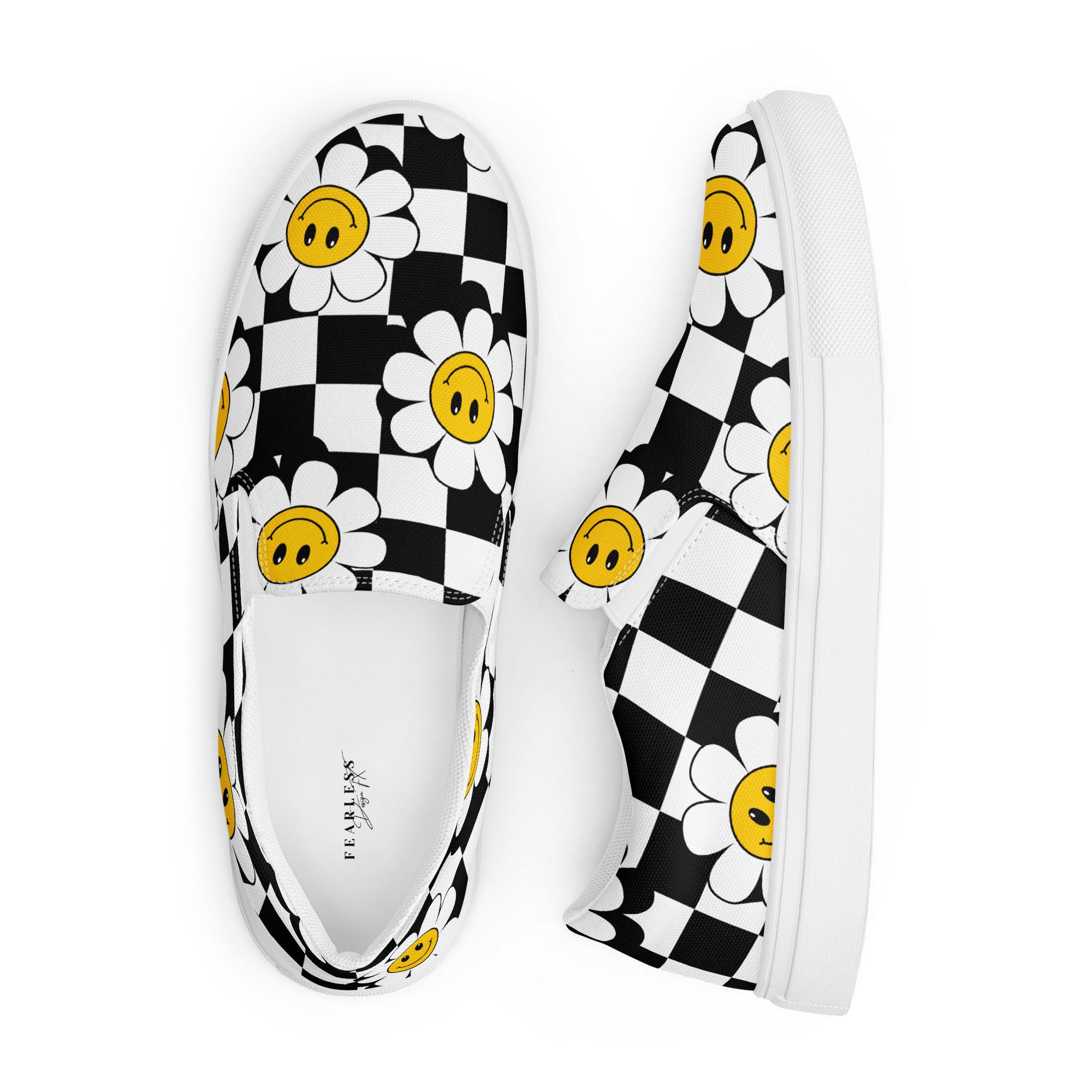 DAISY RETRO CHECKER Womens Slip-on Canvas Shoes, Smiley Face Daisy ...