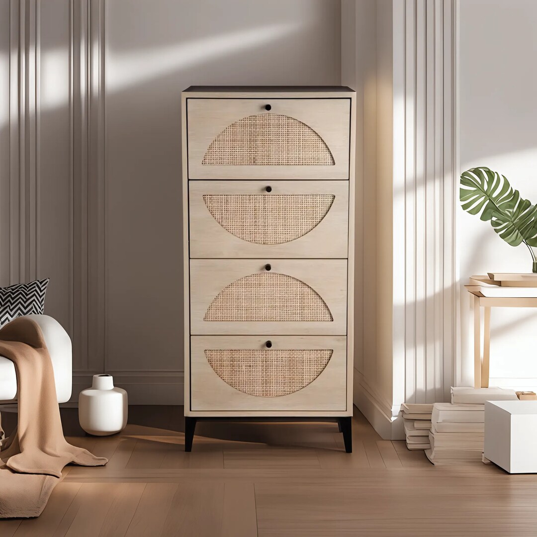 Tall Rattan Cabinet With 4 Drawers Beautiful Wooden Sideboard Ideal for ...