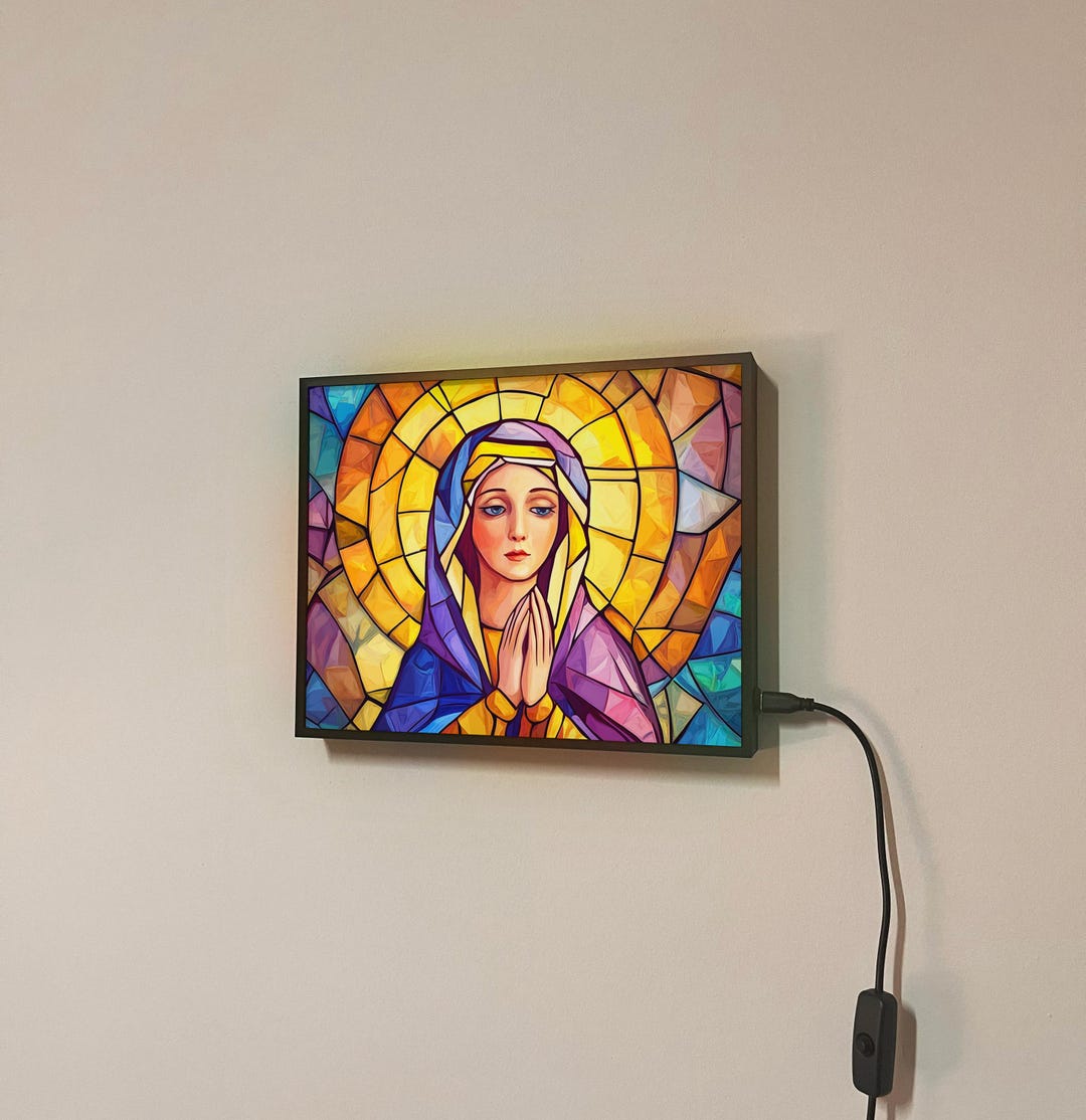 Virgin Mary LED Wall Light – Stained Glass Style Frame With Backlit Art ...