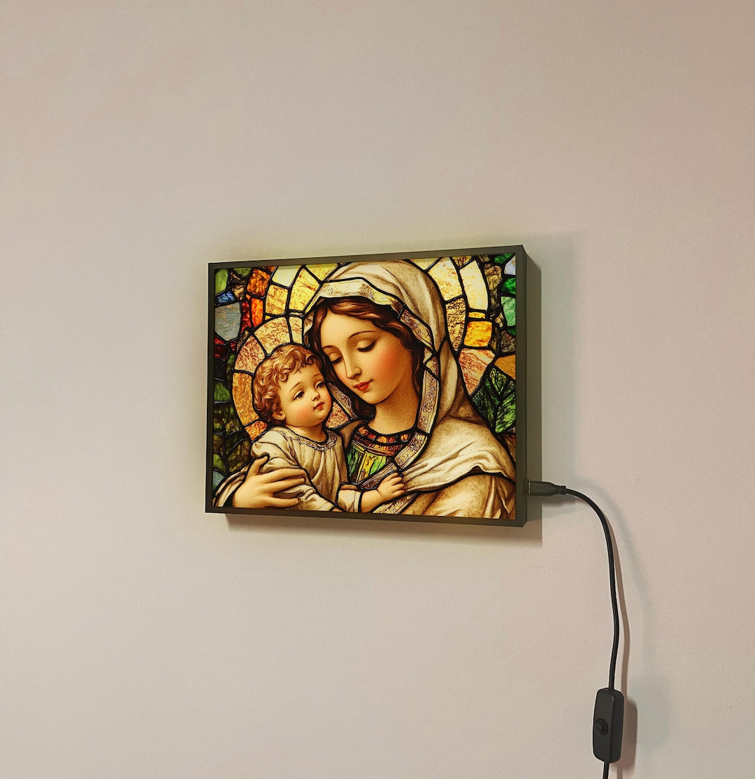 Virgin Mary Holding Jesus LED Wall Light – Stained Glass Style Frame ...